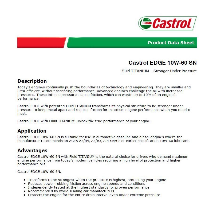 Original Castrol Edge 10W60 10W-60 ACEA A3/B4, API SN/CF Engine Oil (4L ...