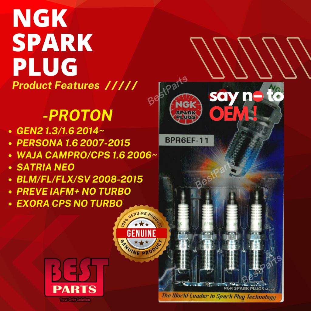 NGK BPR6EF-11 Spark Plug Proton Gen2 Exora CPS Persona Preve Saga BLM FL FLX Satria Neo Waja ...