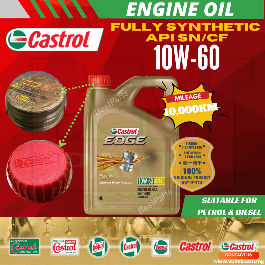 Original Castrol Edge 10W60 10W-60 ACEA A3/B4, API SN/CF Engine Oil (4L) - Fully Synthetic ...