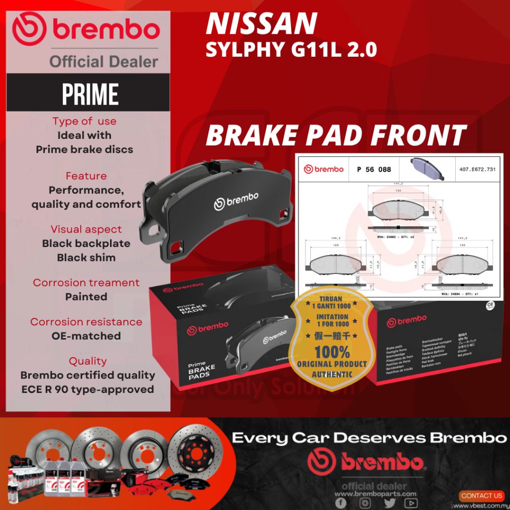 100% Original Brembo Nissan Sylphy 2.0 G11L Front Brake Pad Depan Disc ...