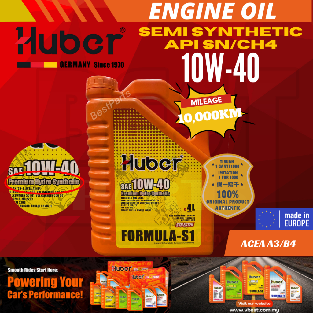 Huber 10W40 Formula-S1 Semi Synthetic Engine Oil 4L (Made In Germany ...